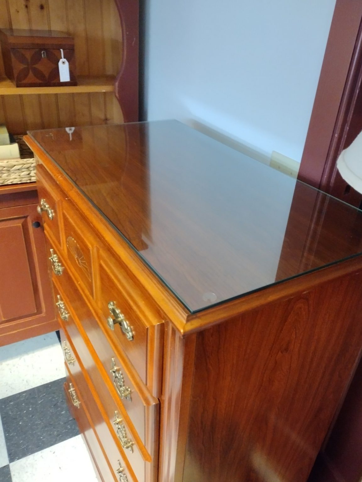 CHERRY CHEST OF DRAWERS W GLASS TOP