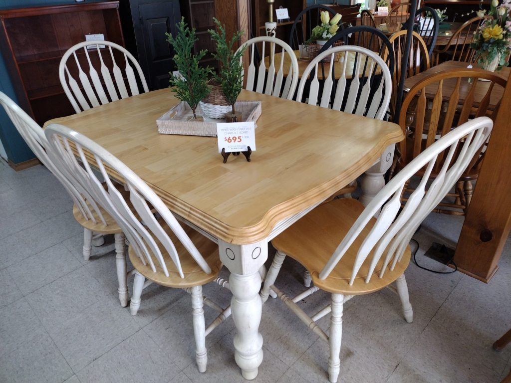 White Wash Dining Table with 6 Chairs + 1 Board | Roth & Brader Furniture