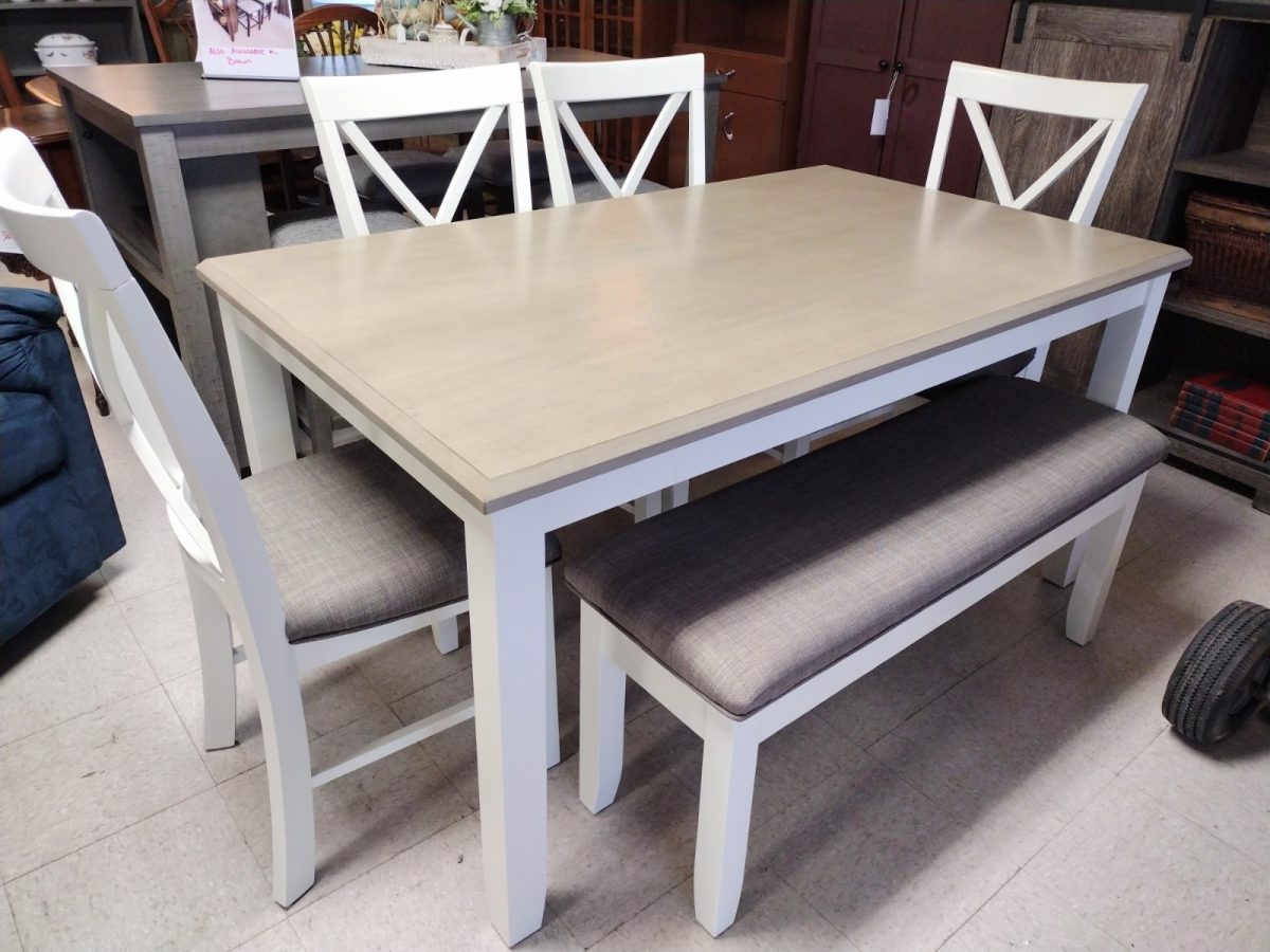 New! Farmhouse Table- 4 Chairs and Bench | Roth & Brader Furniture