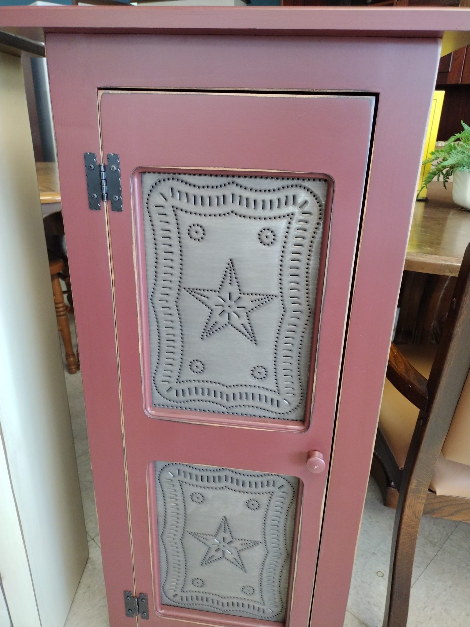 42"H Brick Red Pantry Cabinet with Tin Doors | Roth & Brader Furniture