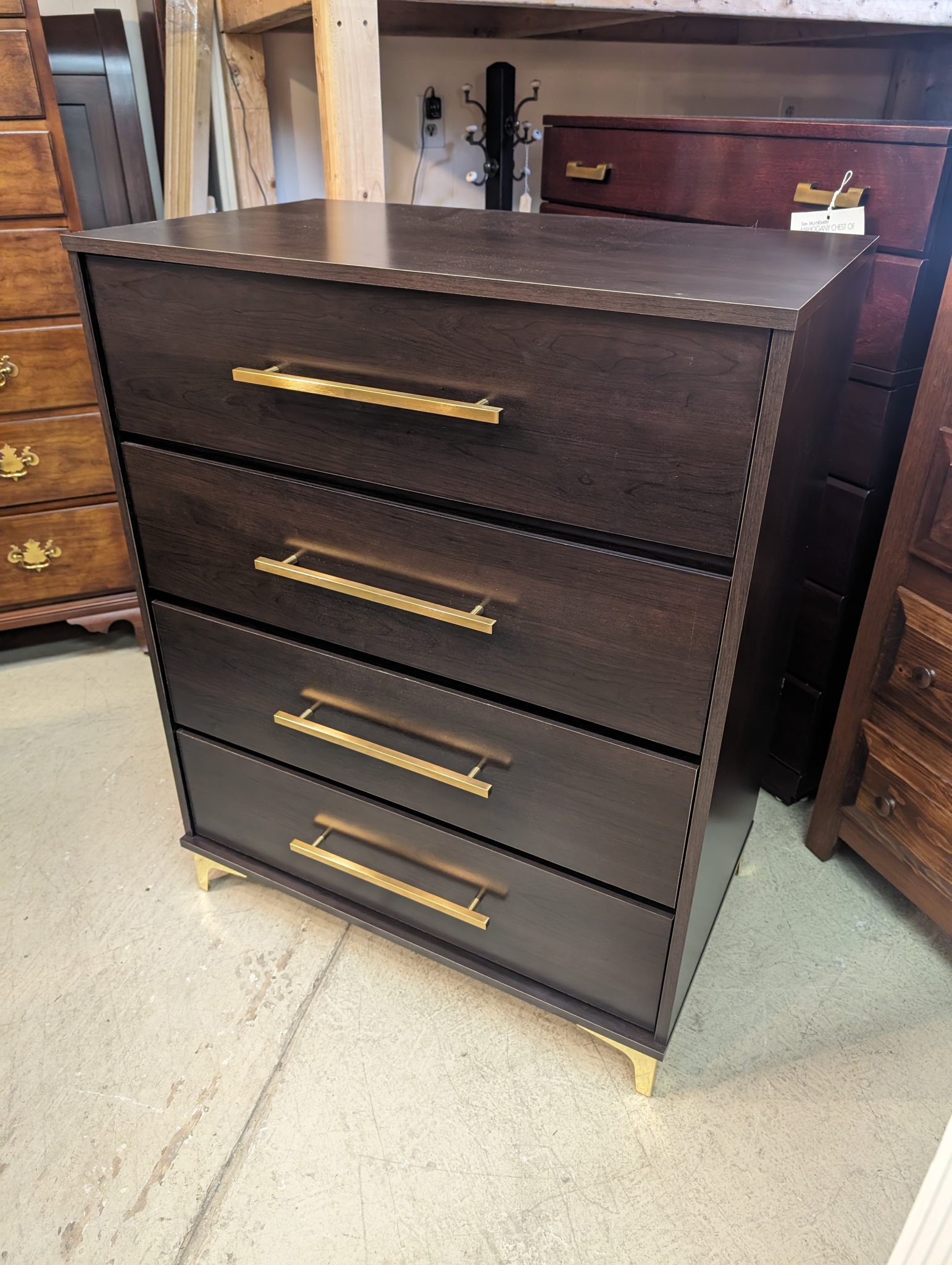 Kona Finish 4 Drawer Chest w Shelf Designs! | Roth & Brader Furniture